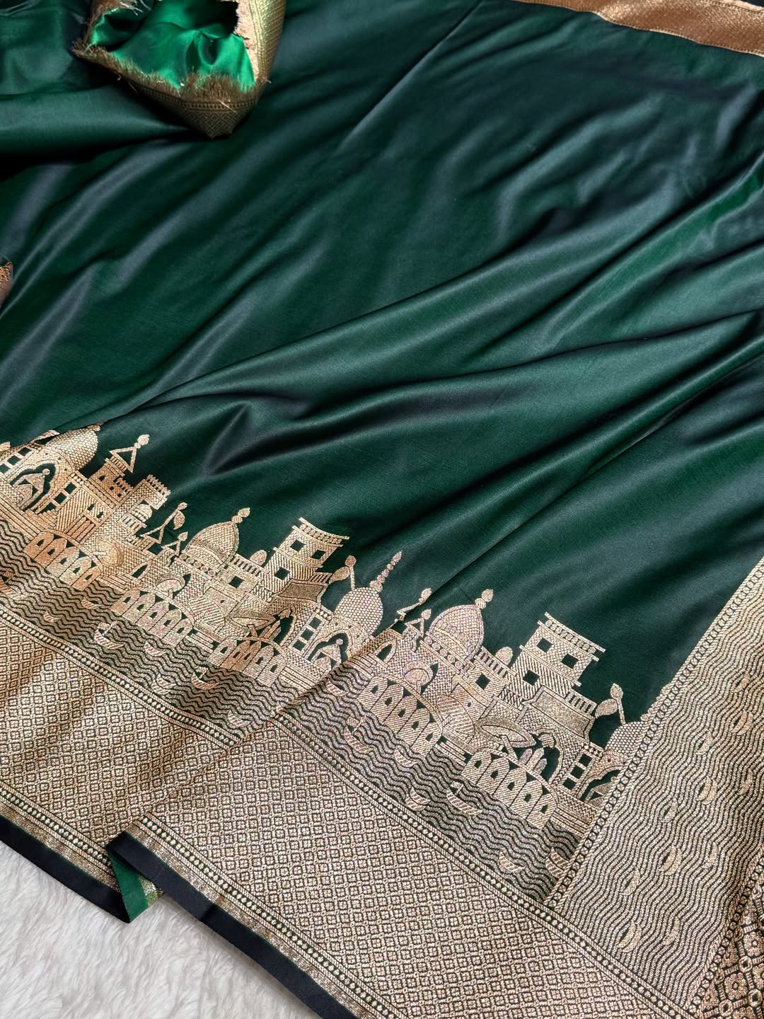 Bottle Green Banarasi Satin Katan Silk Saree with Traditional Ghat Zar ...