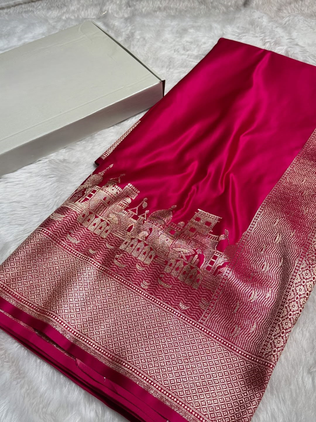 Rani Pink Banarasi Satin Katan Silk Saree with Traditional Ghat Zari B ...