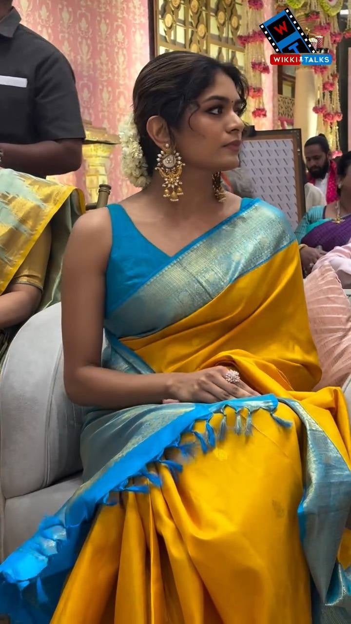 Radiant Mustard Yellow Silk Saree with Sky Blue Zari Border & Contrast ...