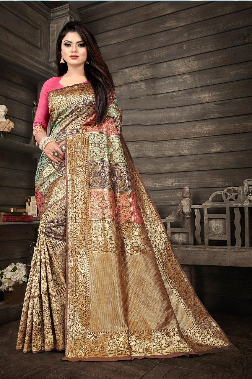 Navya Beige Soft Banarasi Silk Saree with Multicolor Jacquard Blocks ...