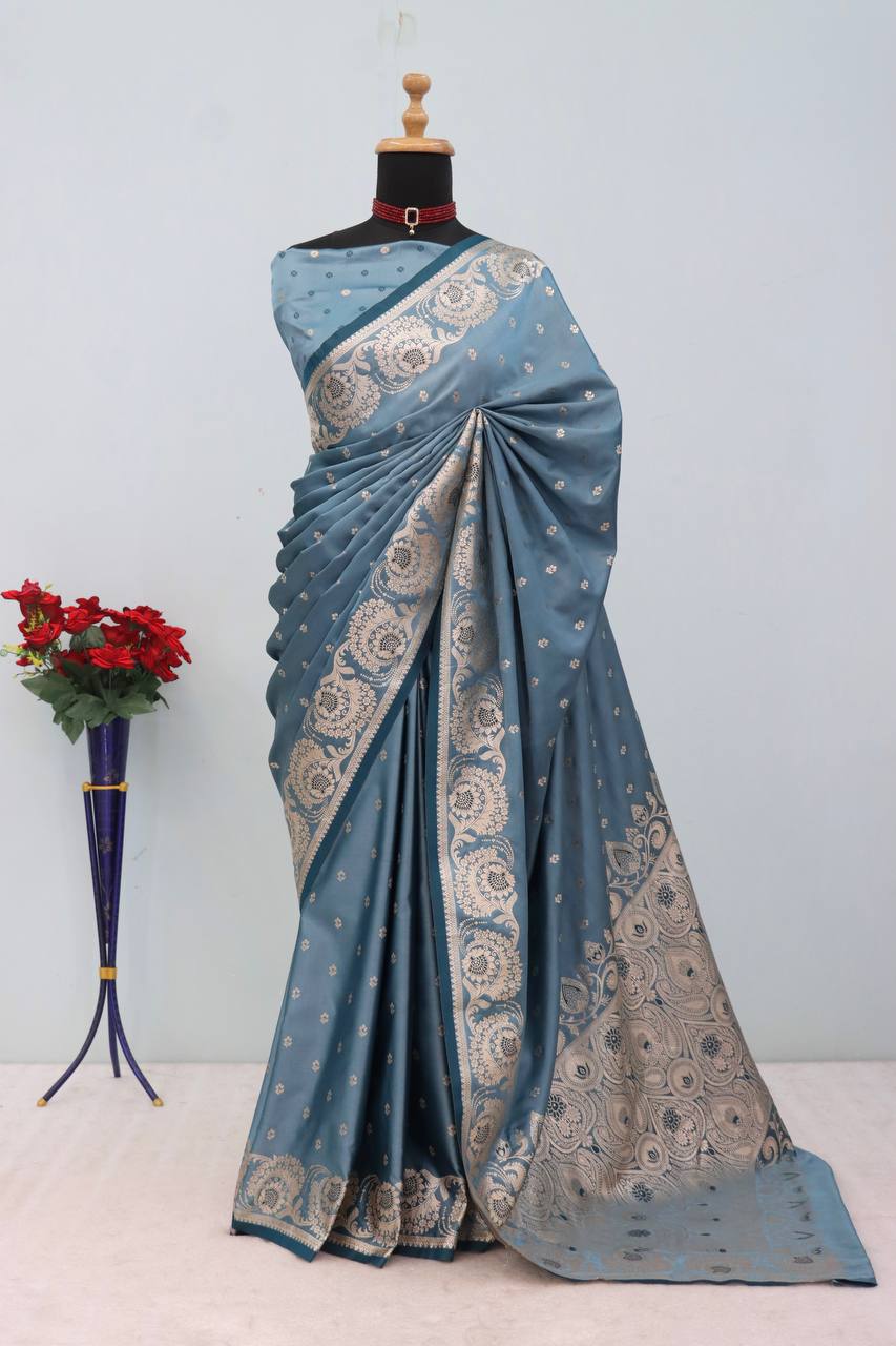 Steel Blue Silk Saree with Classic Zari Butti & Floral Border – PushpDhan
