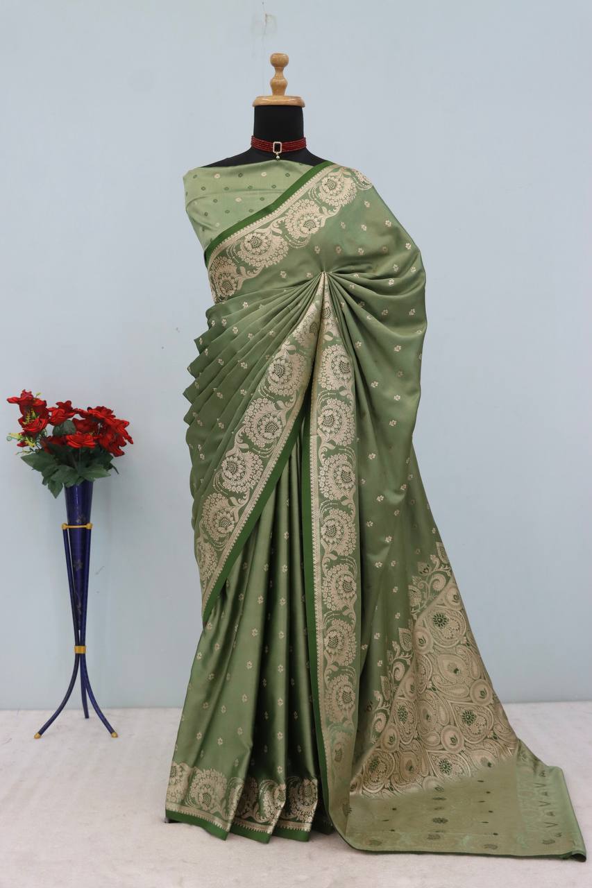 Olive Green Silk Saree with Elegant Zari Butti & Floral Border – PushpDhan