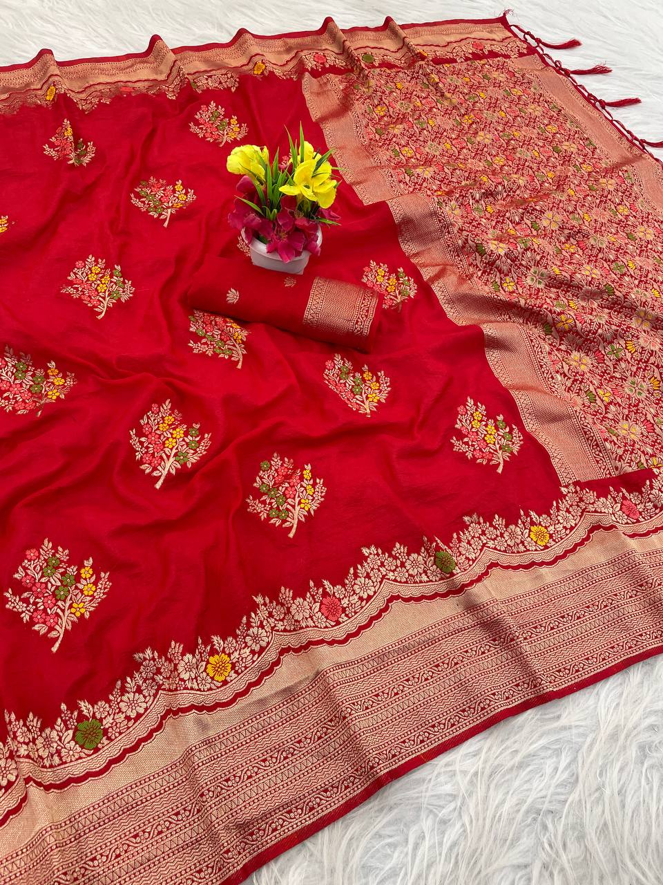 Premium Luxury Ruby Red Silk Saree with Multicolor Floral Butta & Heav ...